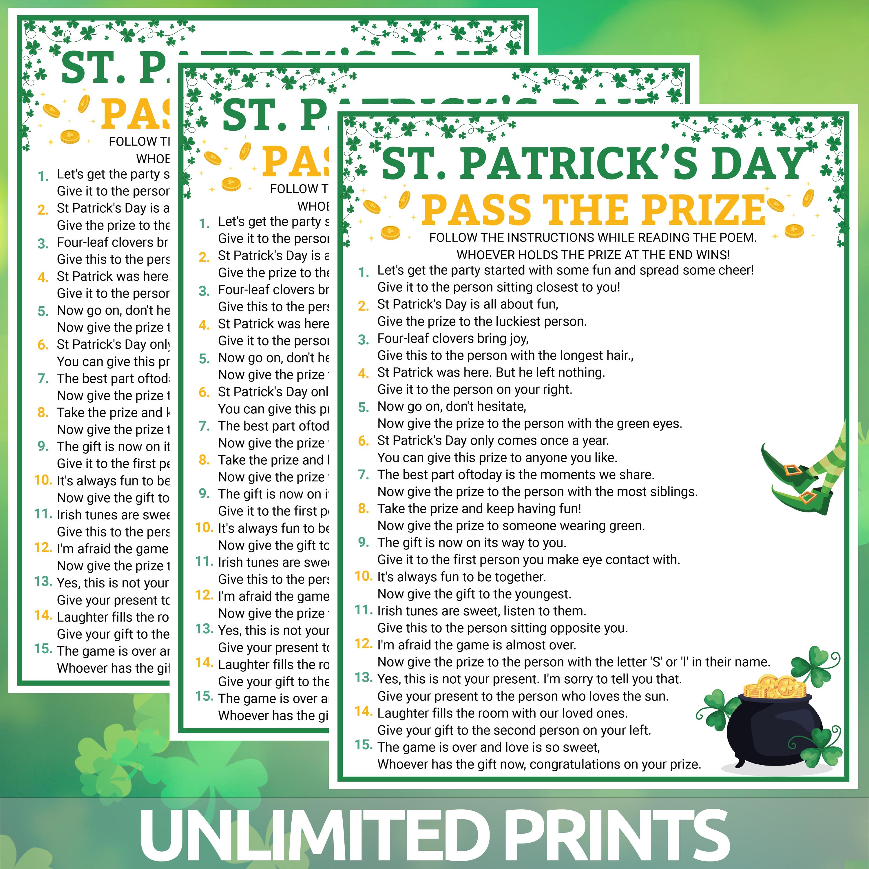 St. Patrick's Pass the Prize Game | St. Patrick Day Games | Printable ...