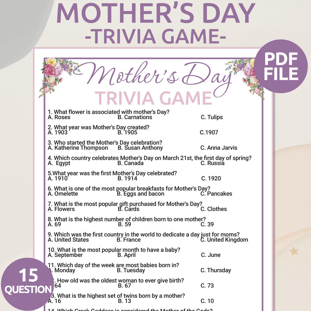 Mother's Day Trivia Game | Mothers Day Game | Printable Mother's Day ...