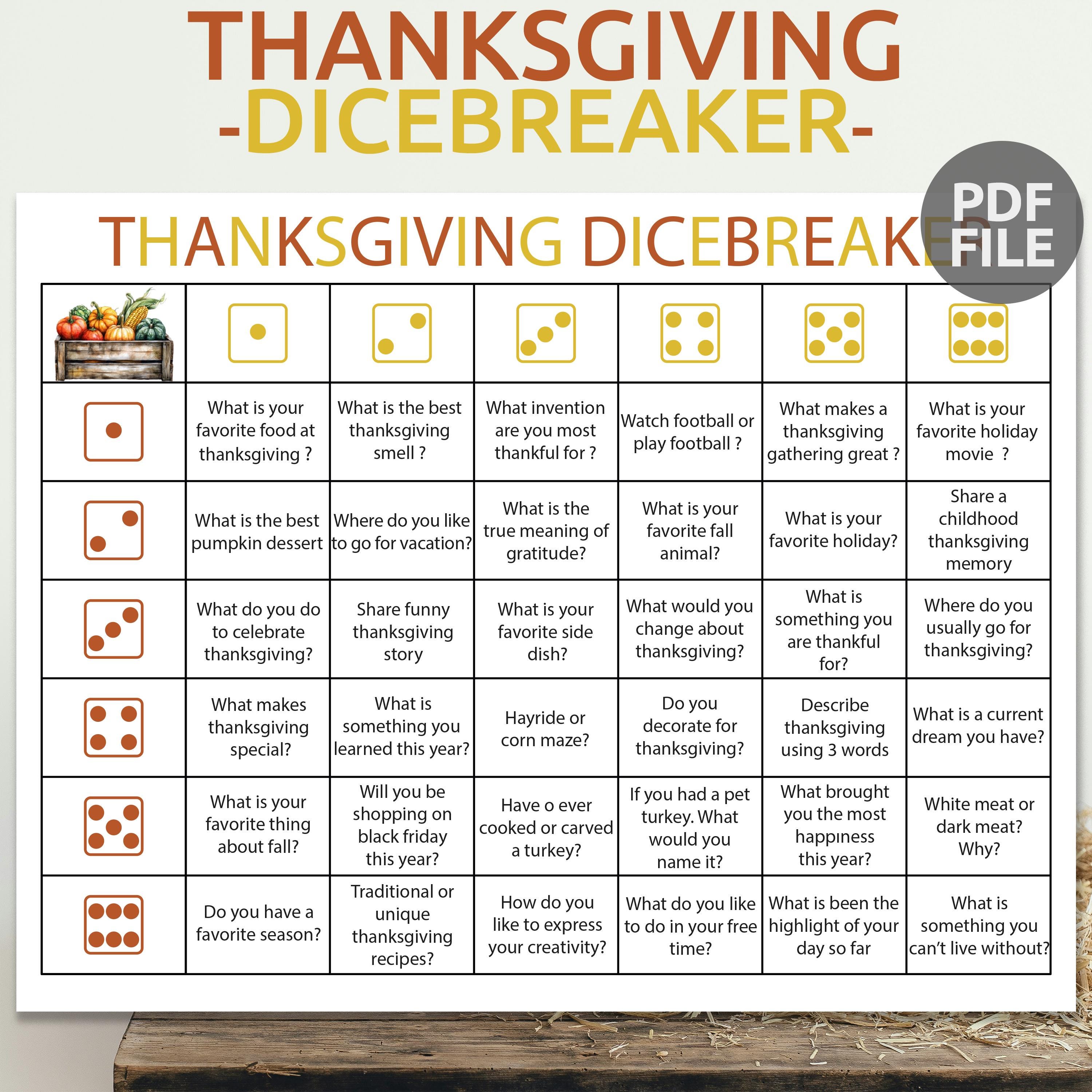 Thanksgiving Table Talk Dice Game | Thanksgiving Table Game ...