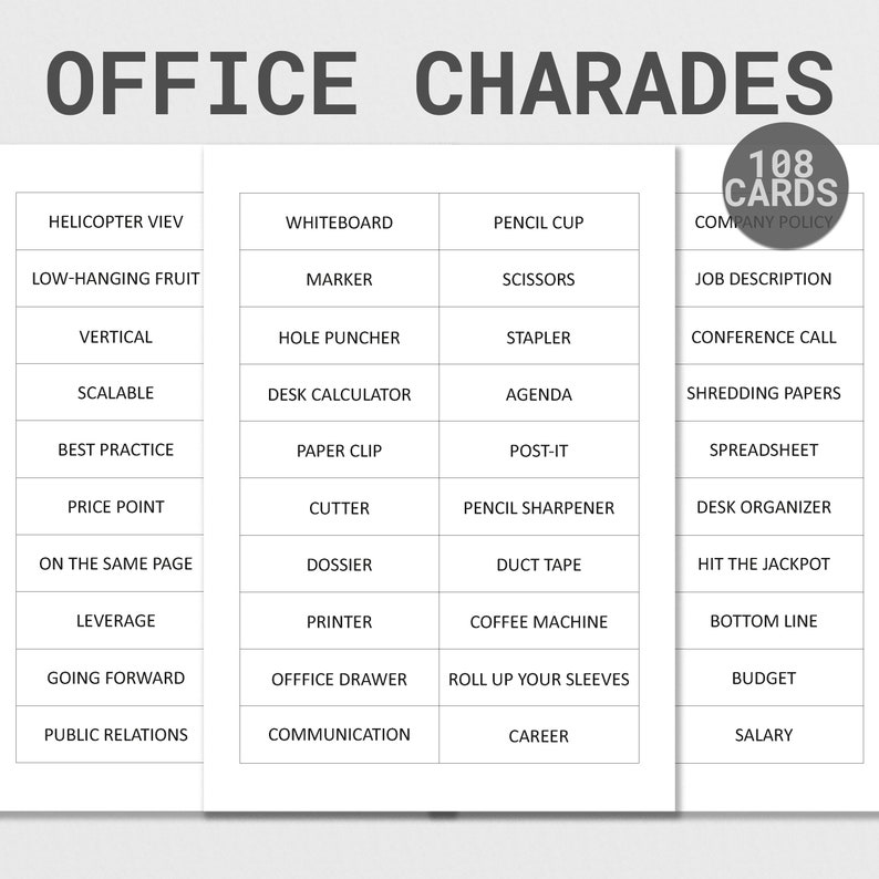 Printable Charades Game | Office Action Charades Cards | Work Group ...