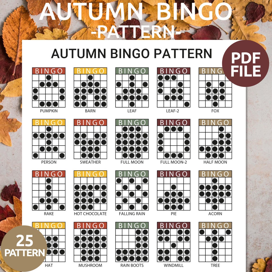 Autumn Bingo Pattern | Fall Bingo Card | Printable Autumn Bingo Party ...