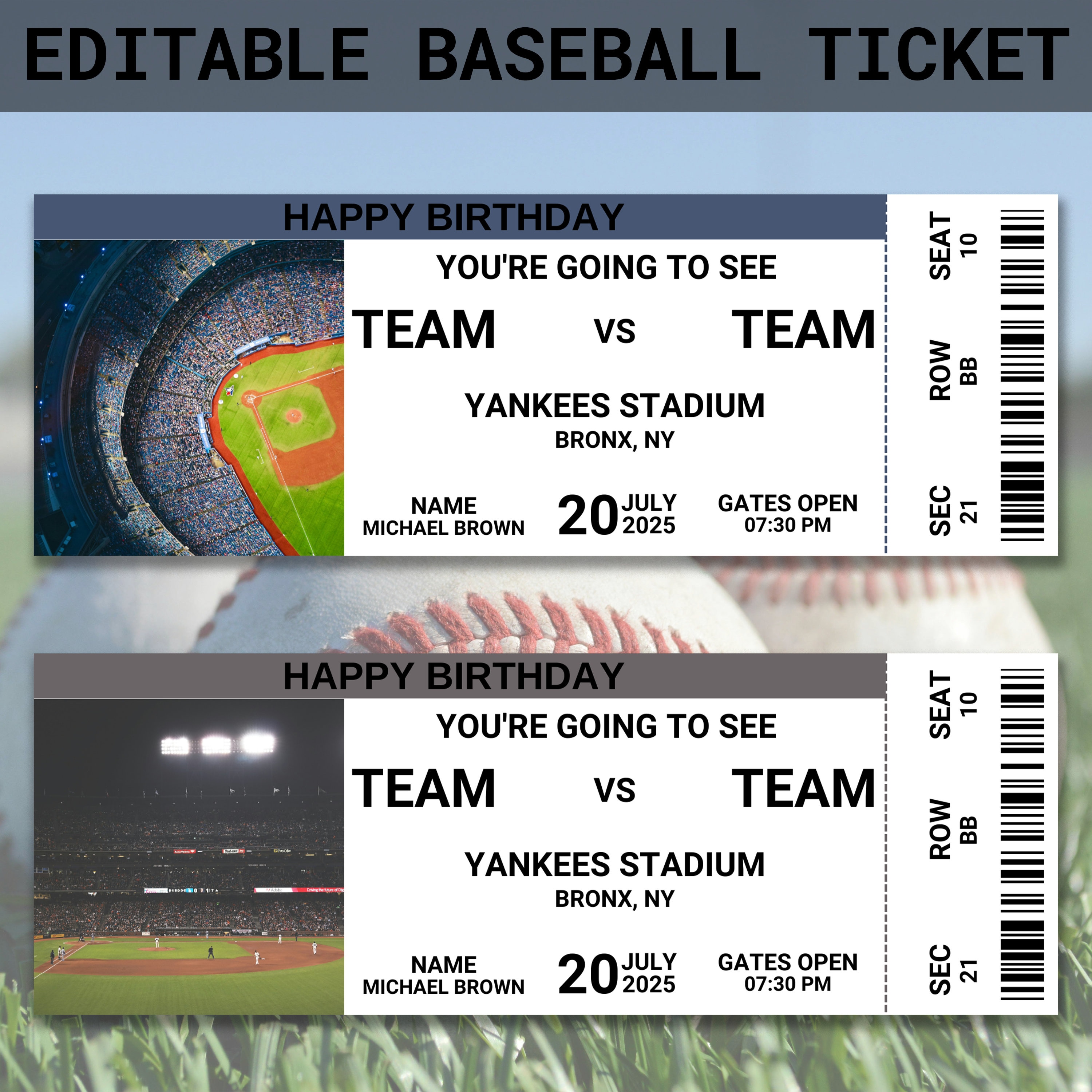 Baseball Game Ticket | Editable Baseball Ticket Gift | Birthday ...