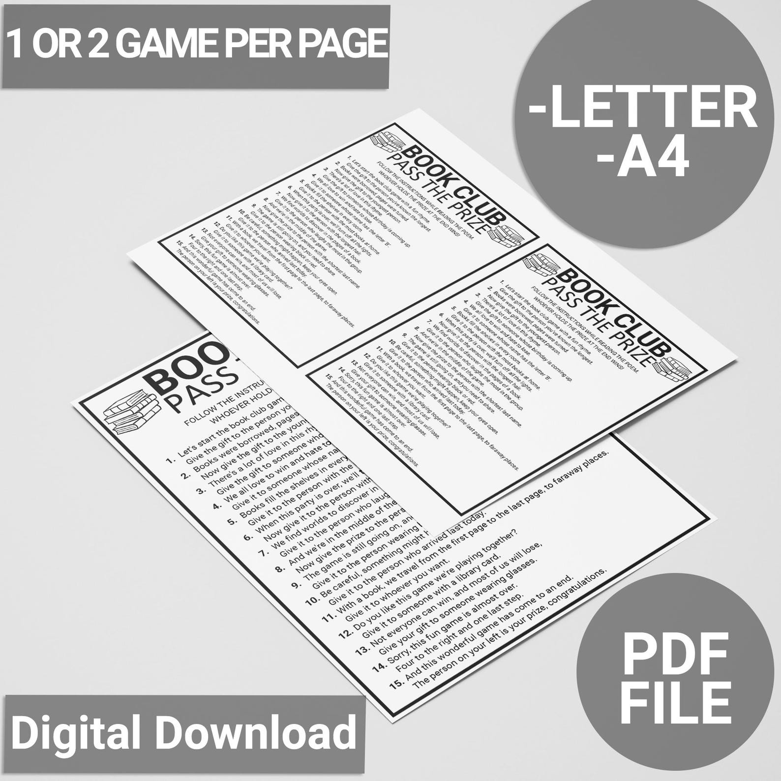 Book Club Pass the Prize Game | Book Club Pass the Gift Game ...