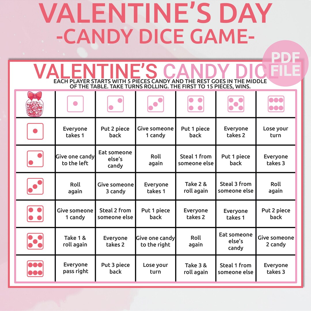 Printable Valentines Dice Game | Valentine's Day Candy Dice Game ...