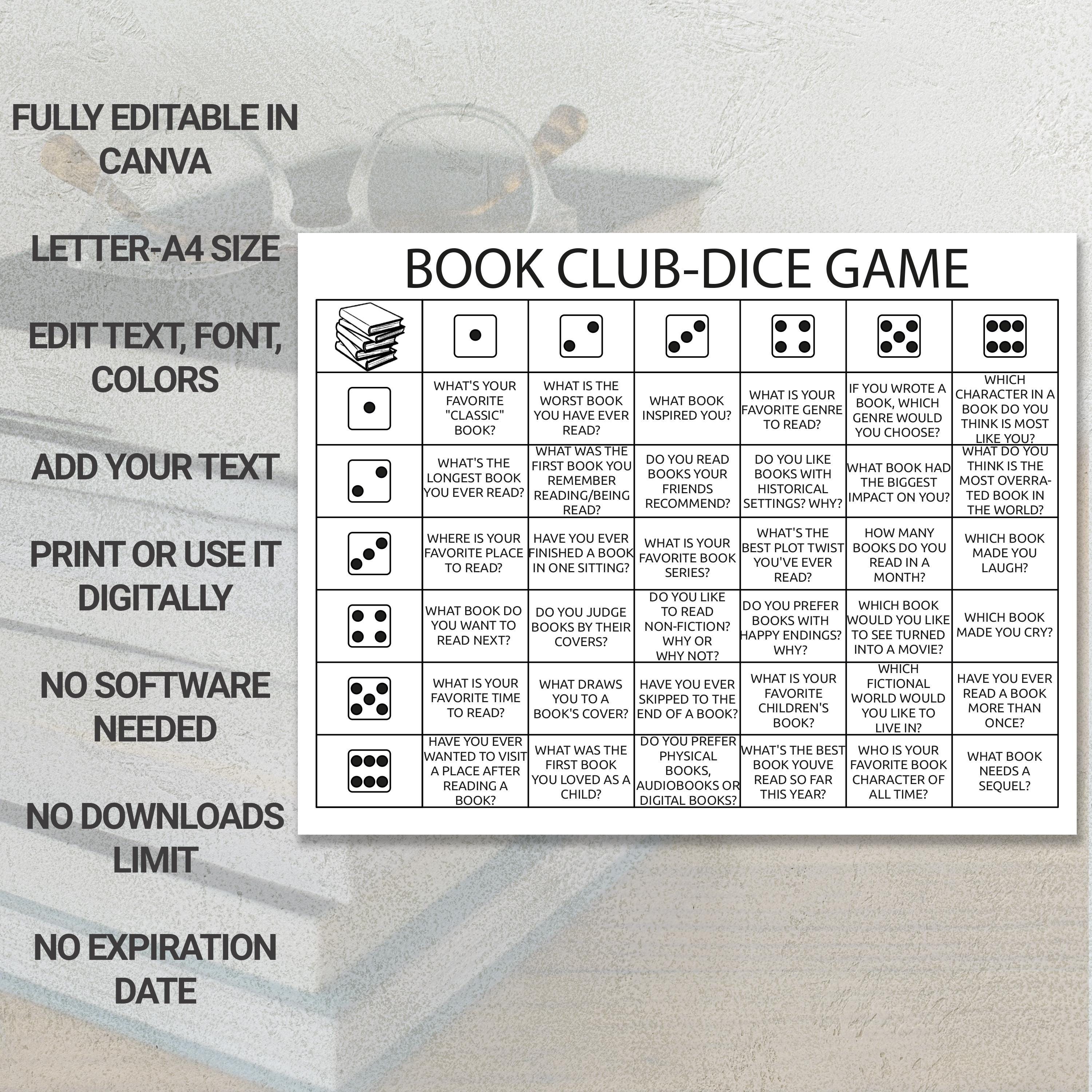 Book Club Dice Game | Printable Book Lover Game | Editable Book Club ...