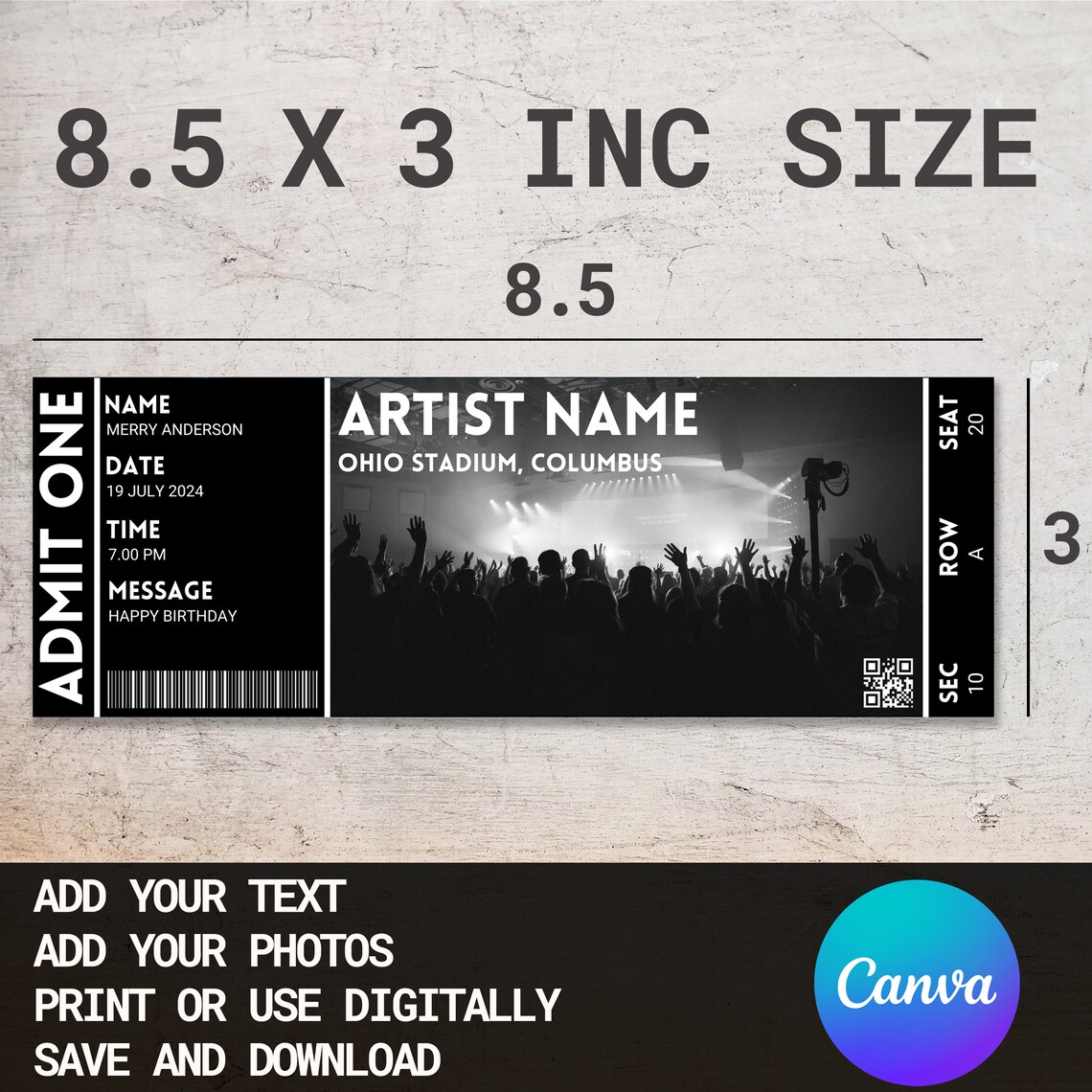 Editable Concert Ticket Template Custom Concert Ticket Personalized Event Ticket Custom Concert ...