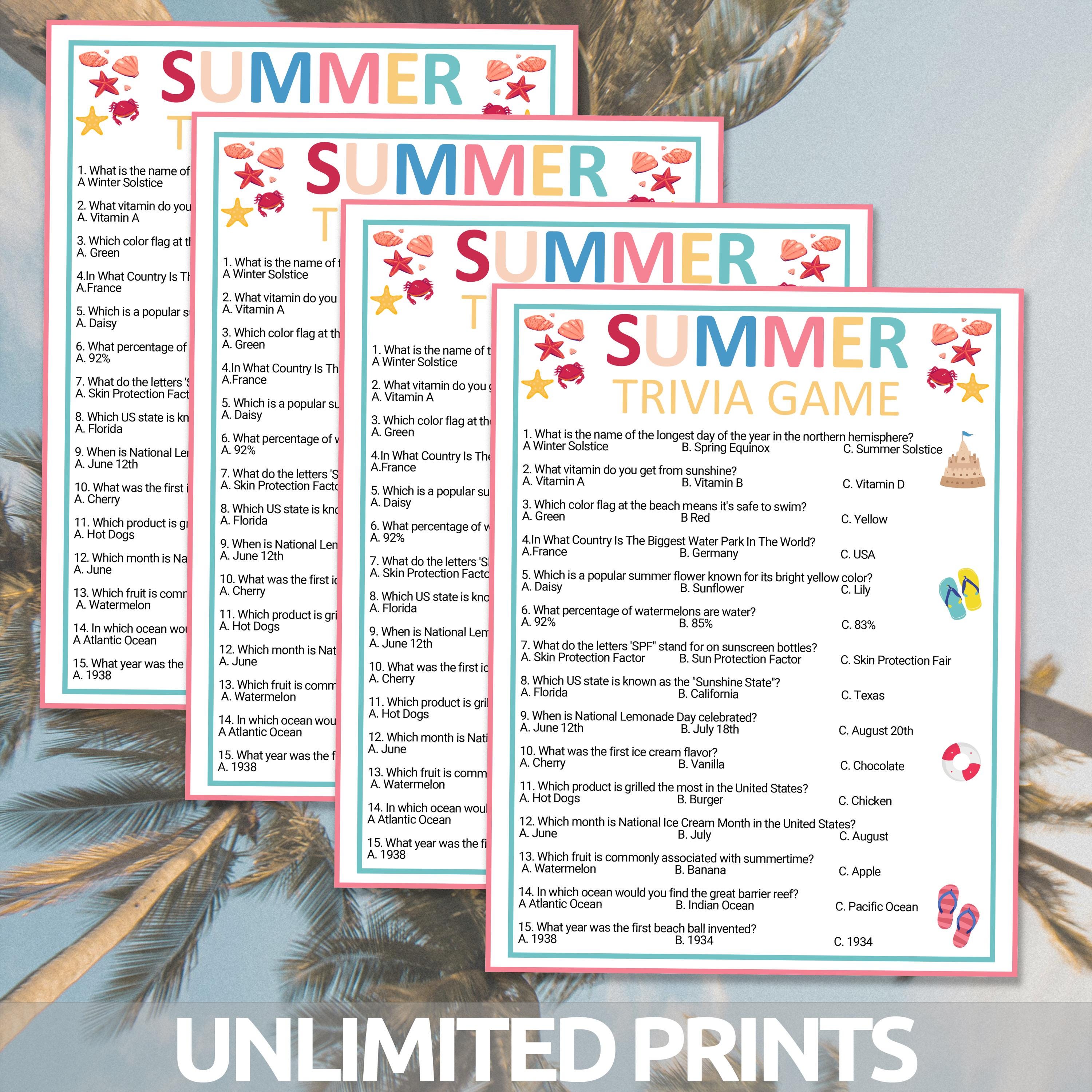 Summer Trivia Game | Summer Party Game | Printable Summer Game | Summer ...