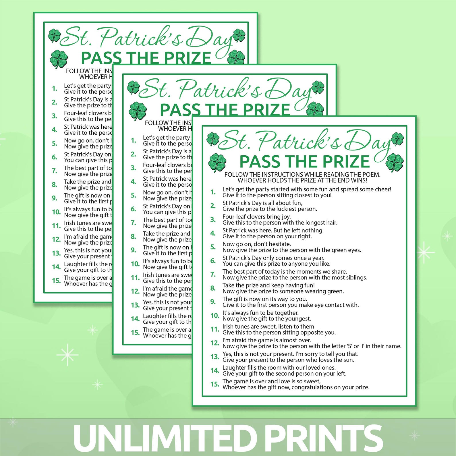 St. Patrick's Pass the Prize Game | St. Patrick Day Games | Printable ...