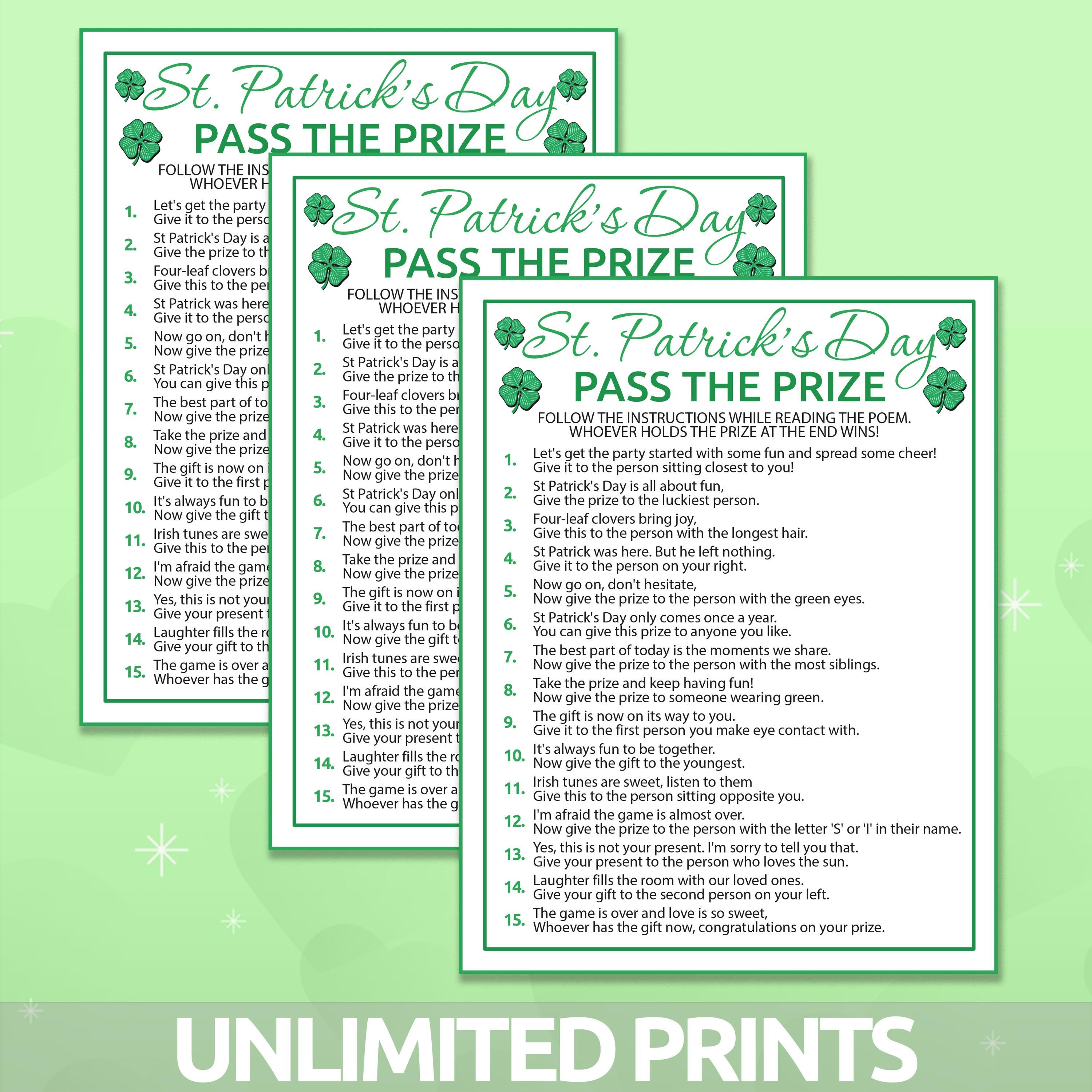 St. Patrick's Pass the Prize Game | St. Patrick Day Games | Printable ...
