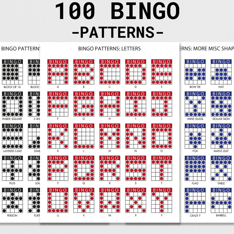 100 Bingo Patterns | Printable Fun Bingo Party Game | Bingo Winning Patterns | Bingo Alphabet ...