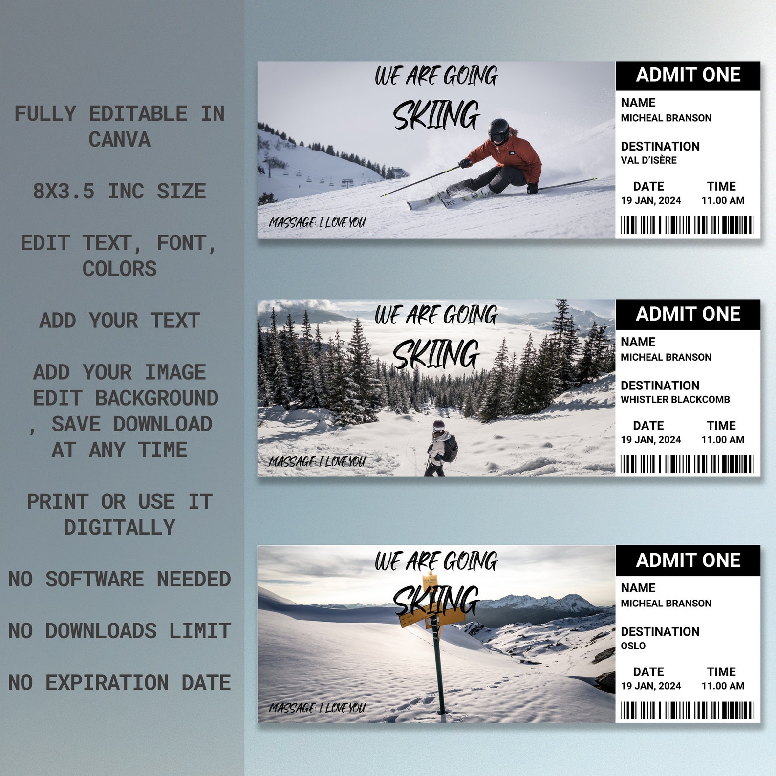 Editable Skiing Pass Ticket Template | Skiing Pass Ticket | Printable ...