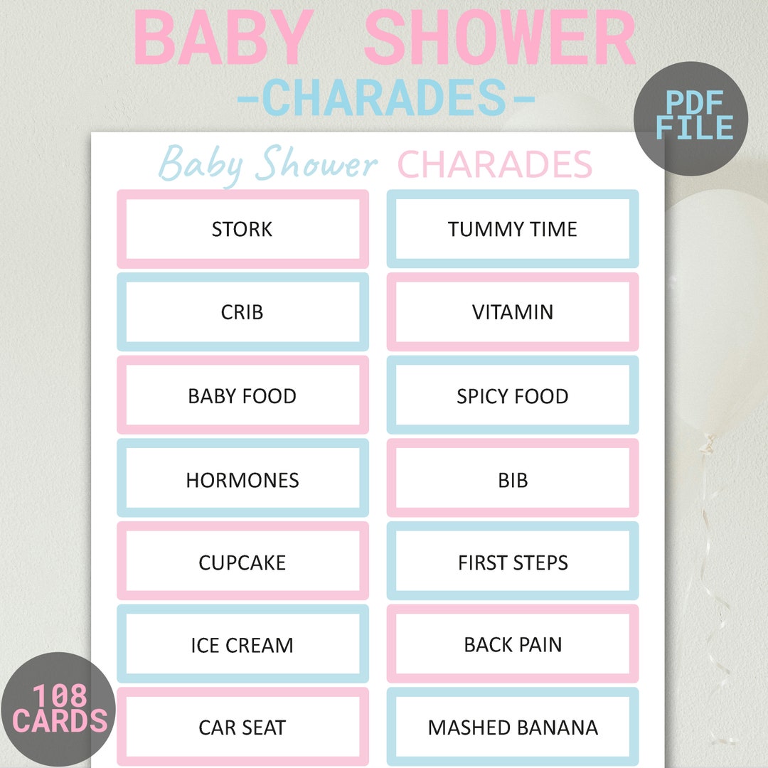 Printable Charades Game for Baby Shower | Baby Shower Group Games ...