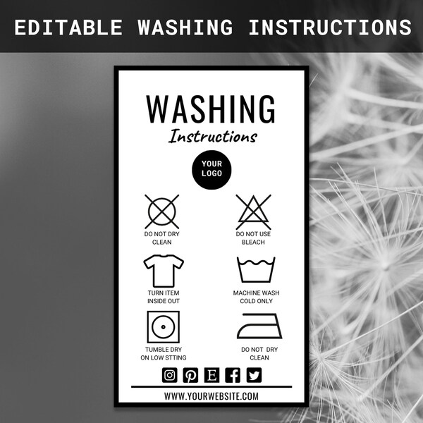 Editable Washing Instructions Card Template Printable Clothing Care ...