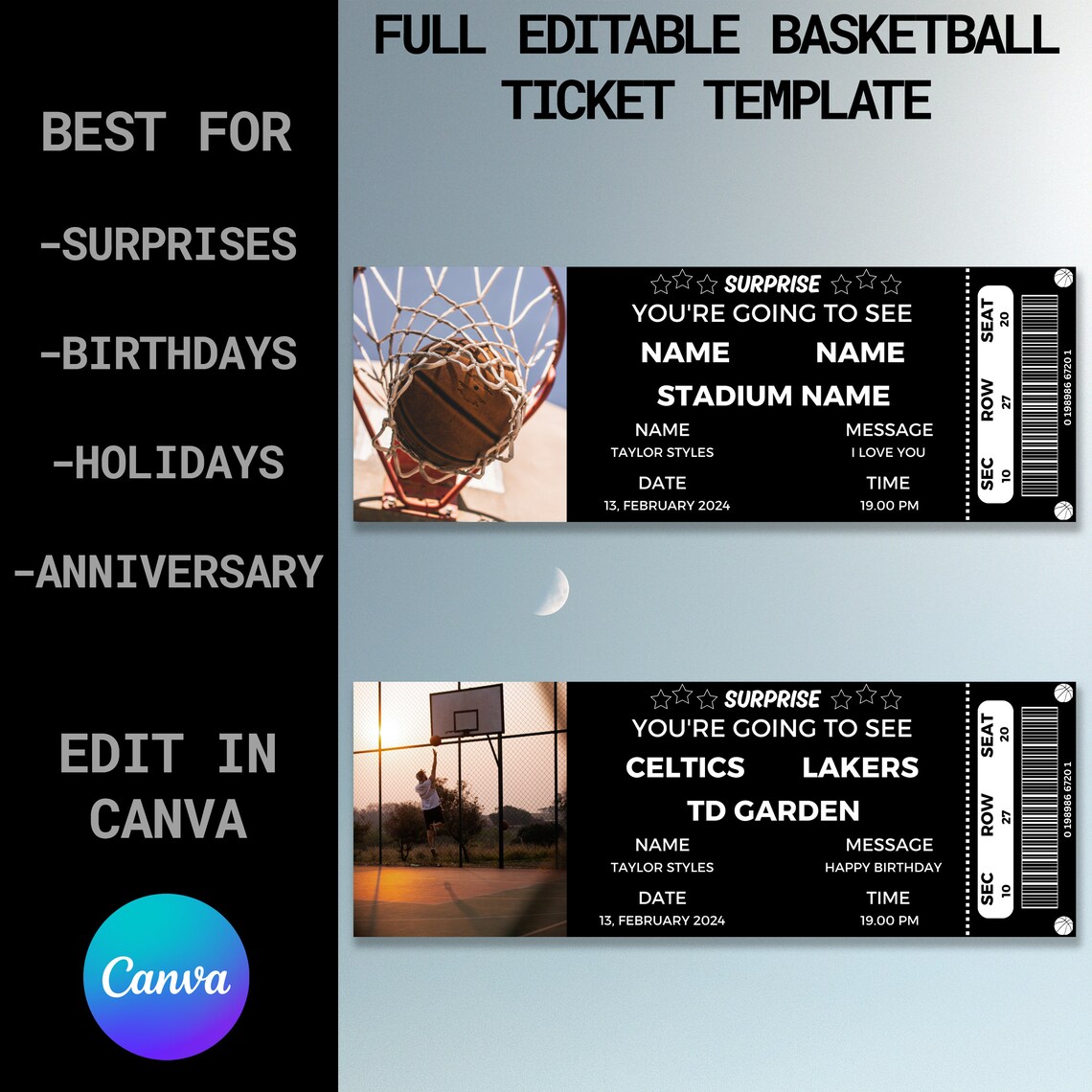 Custom Basketball Tickets Printable Basketball Tickets Canva Template ...