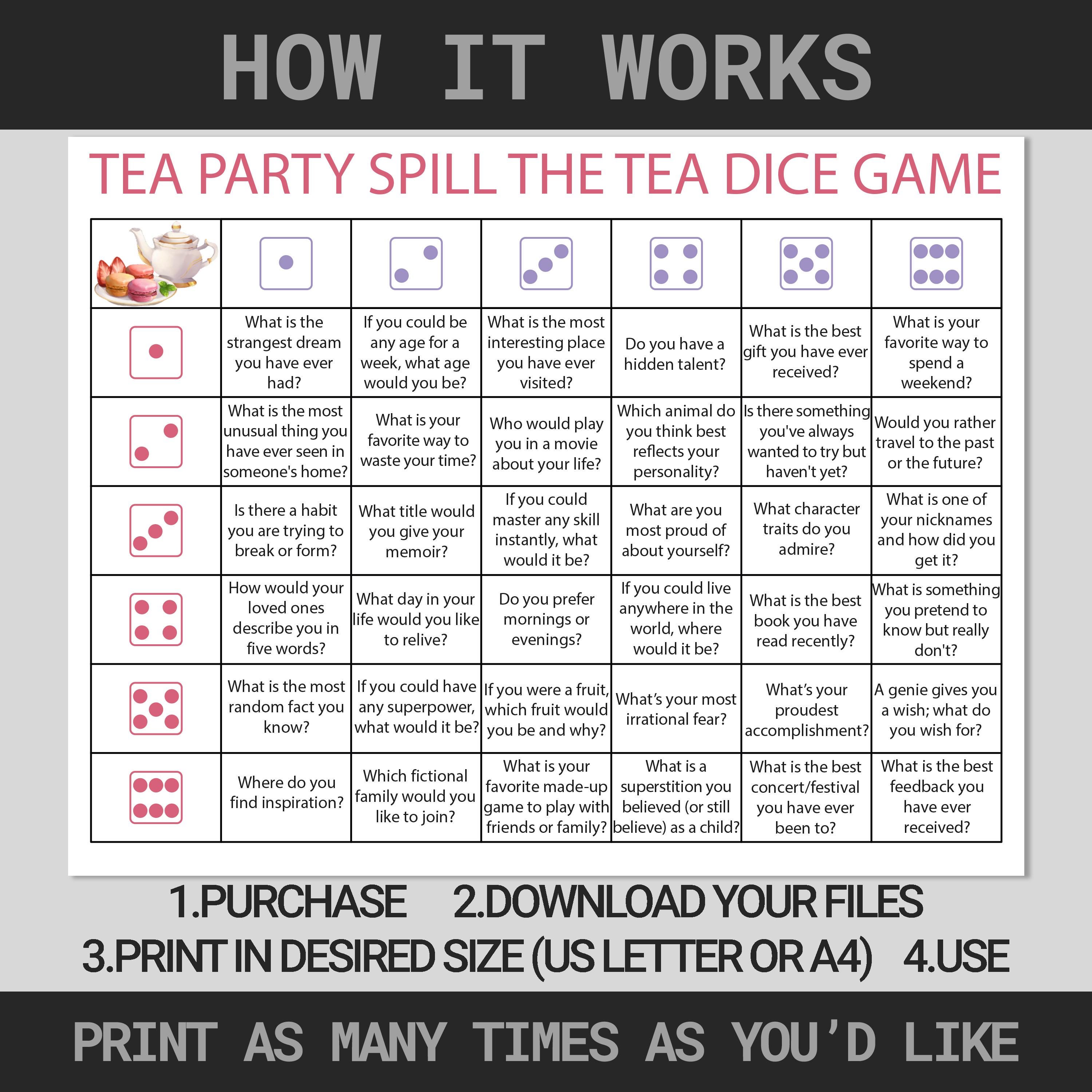 Spill the Tea Dice Game | Printable Spill the Tea Game | Ladies Tea ...