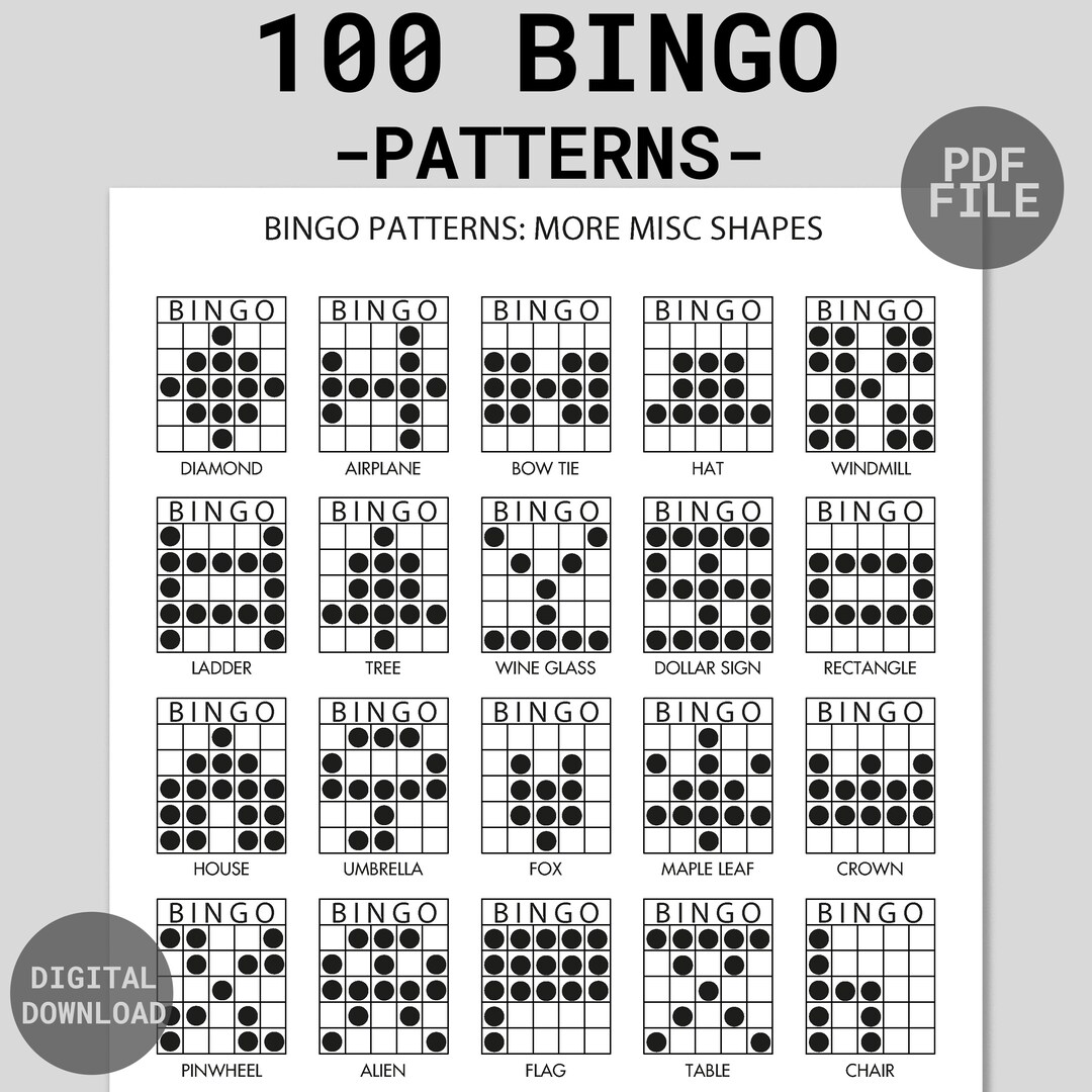 100 Bingo Patterns Printable Fun Bingo Party Game Bingo Winning ...