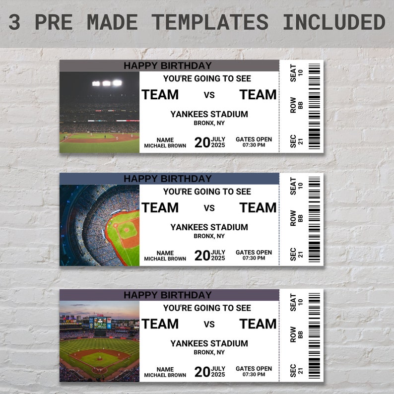 Baseball Game Ticket | Editable Baseball Ticket Gift | Birthday ...