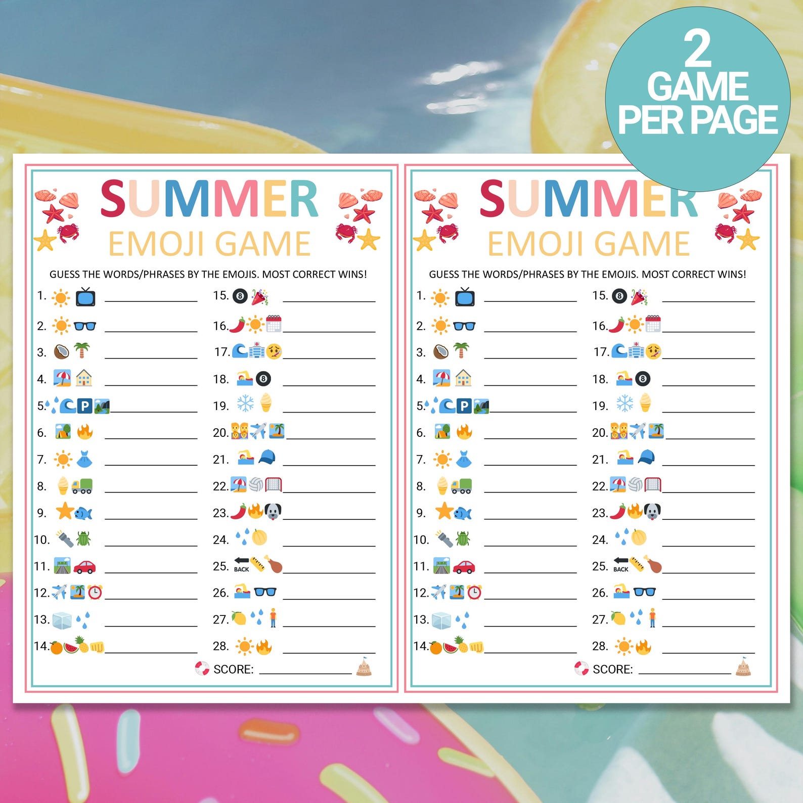 Summer Emoji Game | Summer Emoji Pictionary Game | Printable Summer ...