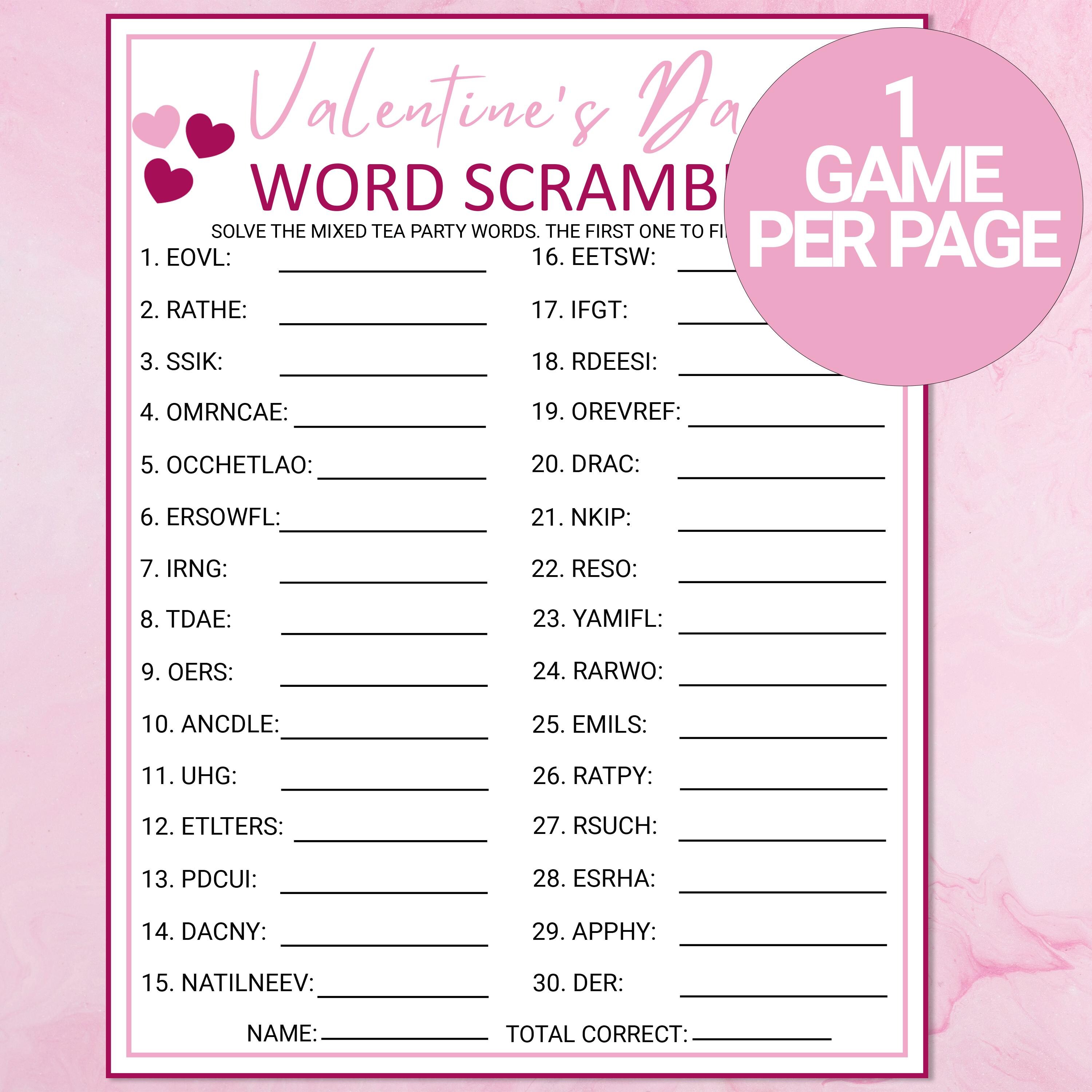Valentine's Day Word Scramble Game | Printable Valentine's Day Game ...