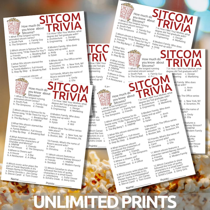 TV Sitcom Trivia Game | Printable Sitcom Trivia | Television Trivia ...