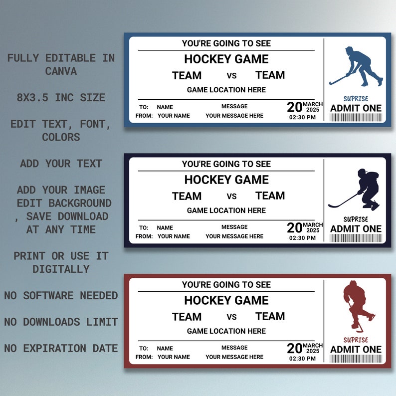 Custom Hockey Ticket | Hockey Ticket Template Printable | Editable ...