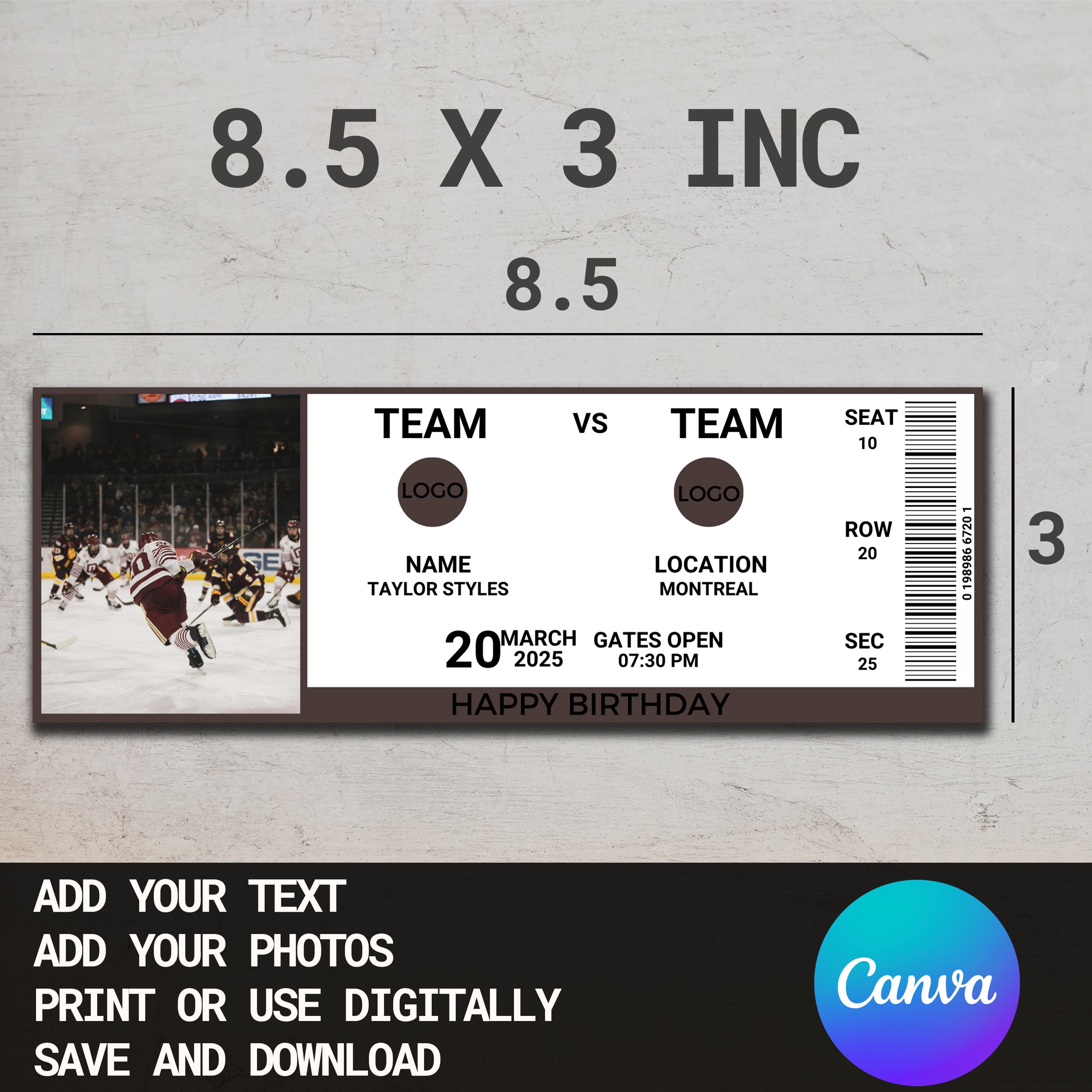 Custom Hockey Ticket | Hockey Ticket Template Printable | Editable ...