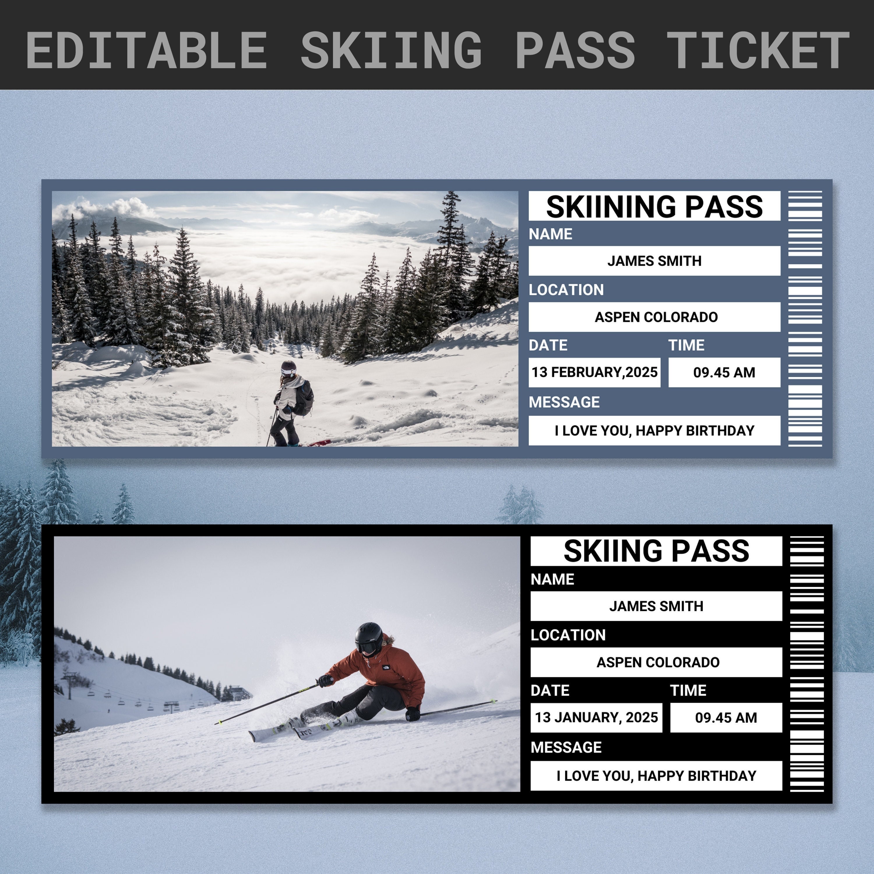 Editable Skiing Pass Ticket Template | Skiing Pass Ticket | Printable ...
