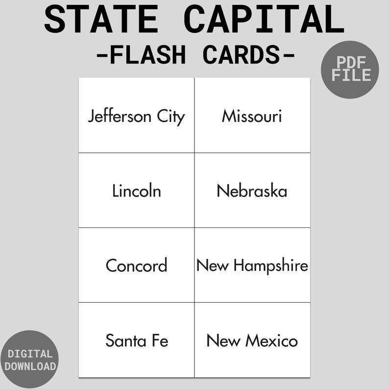 Printable US States and Capitals Flash Cards | Educational Activities ...