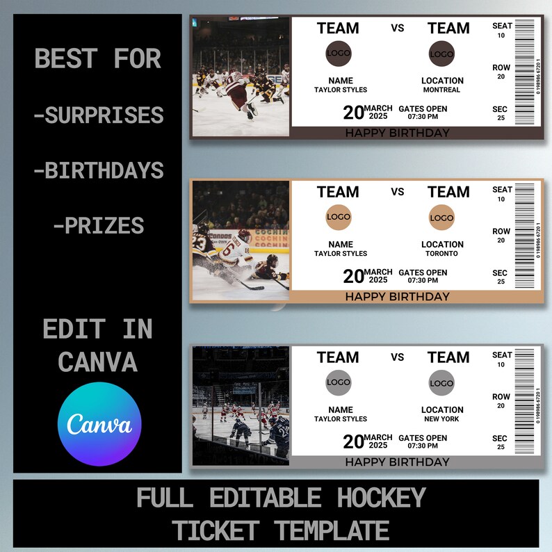 Custom Hockey Ticket | Hockey Ticket Template Printable | Editable ...