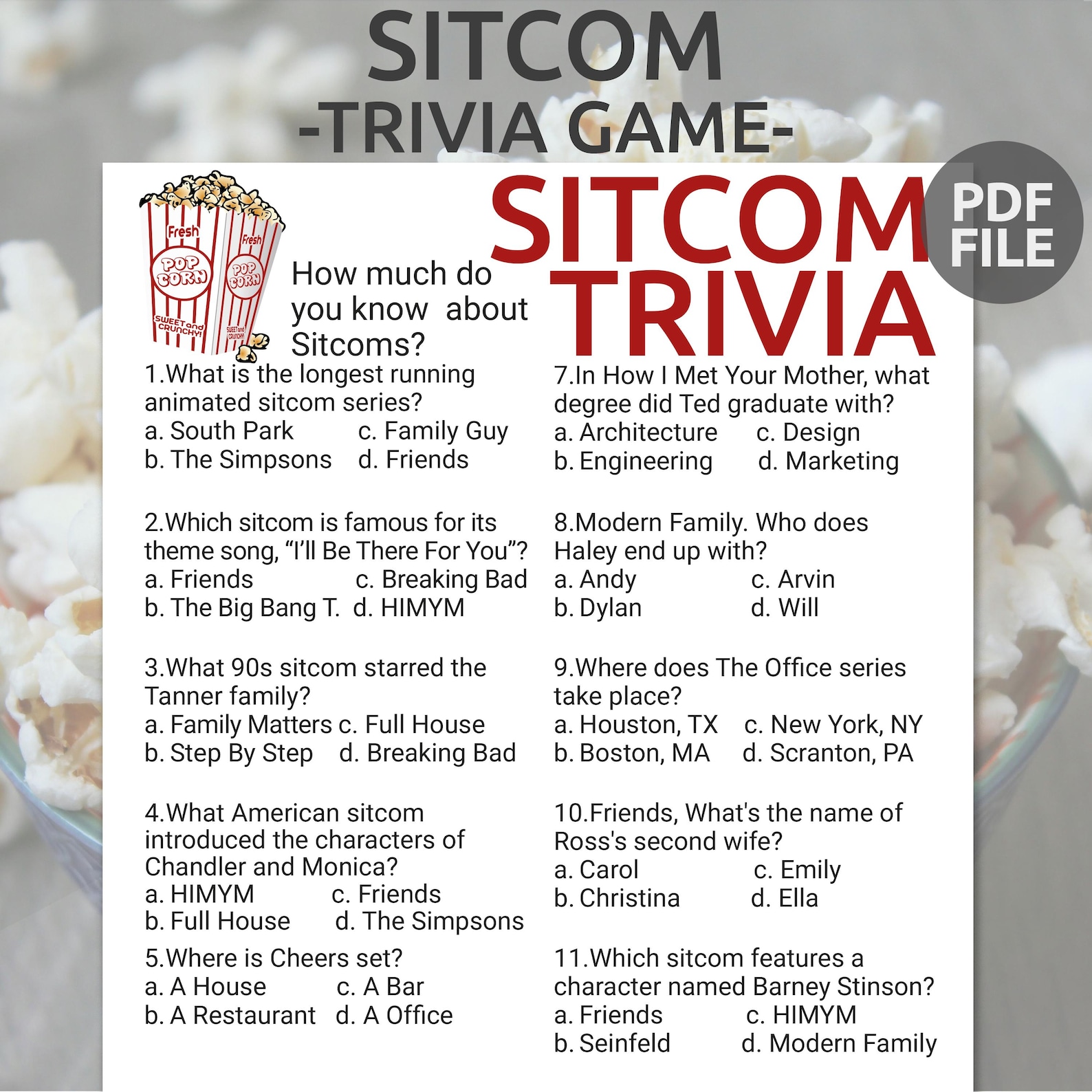 TV Sitcom Trivia Game | Printable Sitcom Trivia | Television Trivia ...