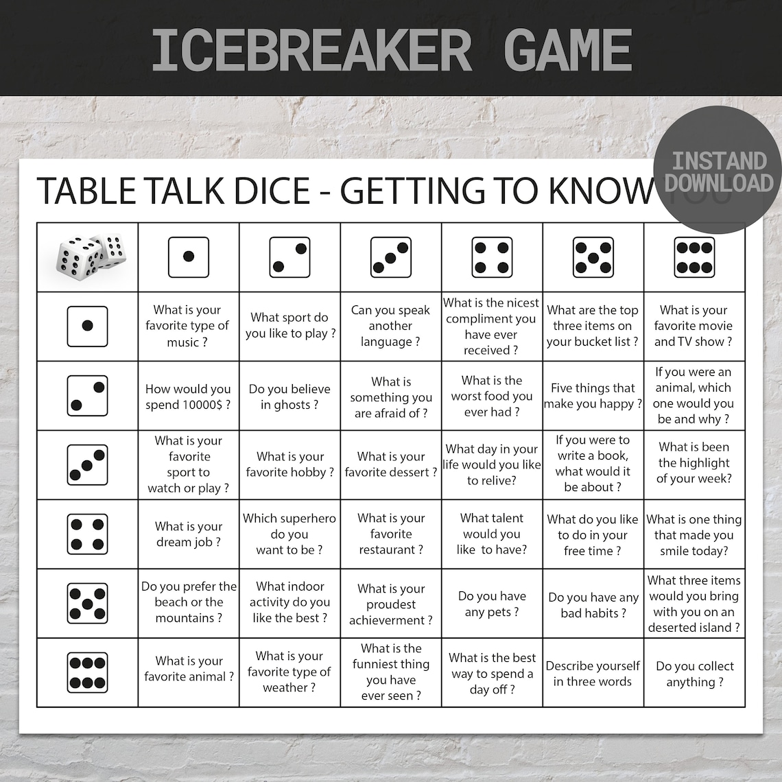 Dicebreaker Roll and Tell Game Table Talk Dice Conversation Starter ...