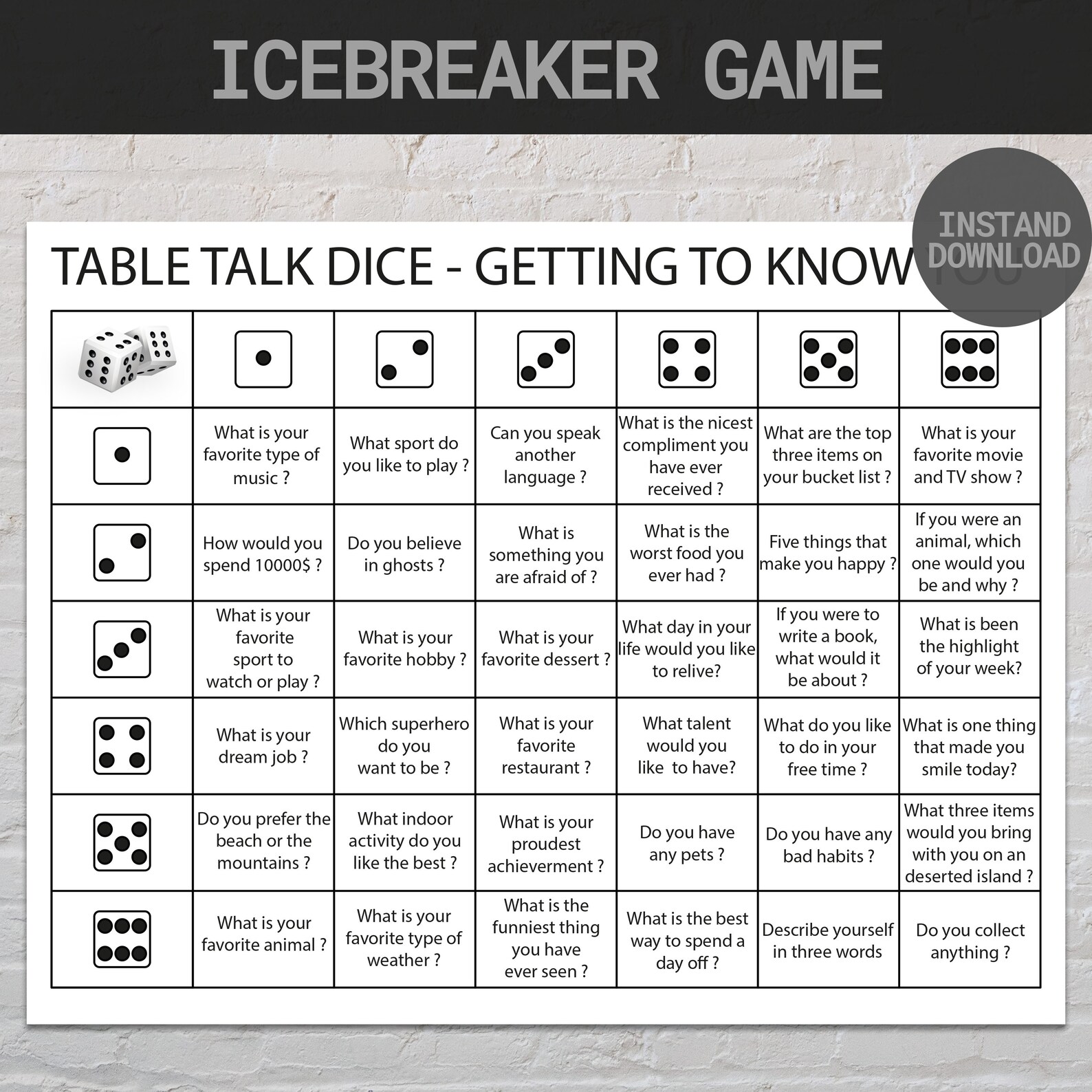 Dicebreaker Roll and Tell Game Table Talk Dice Conversation Starter ...