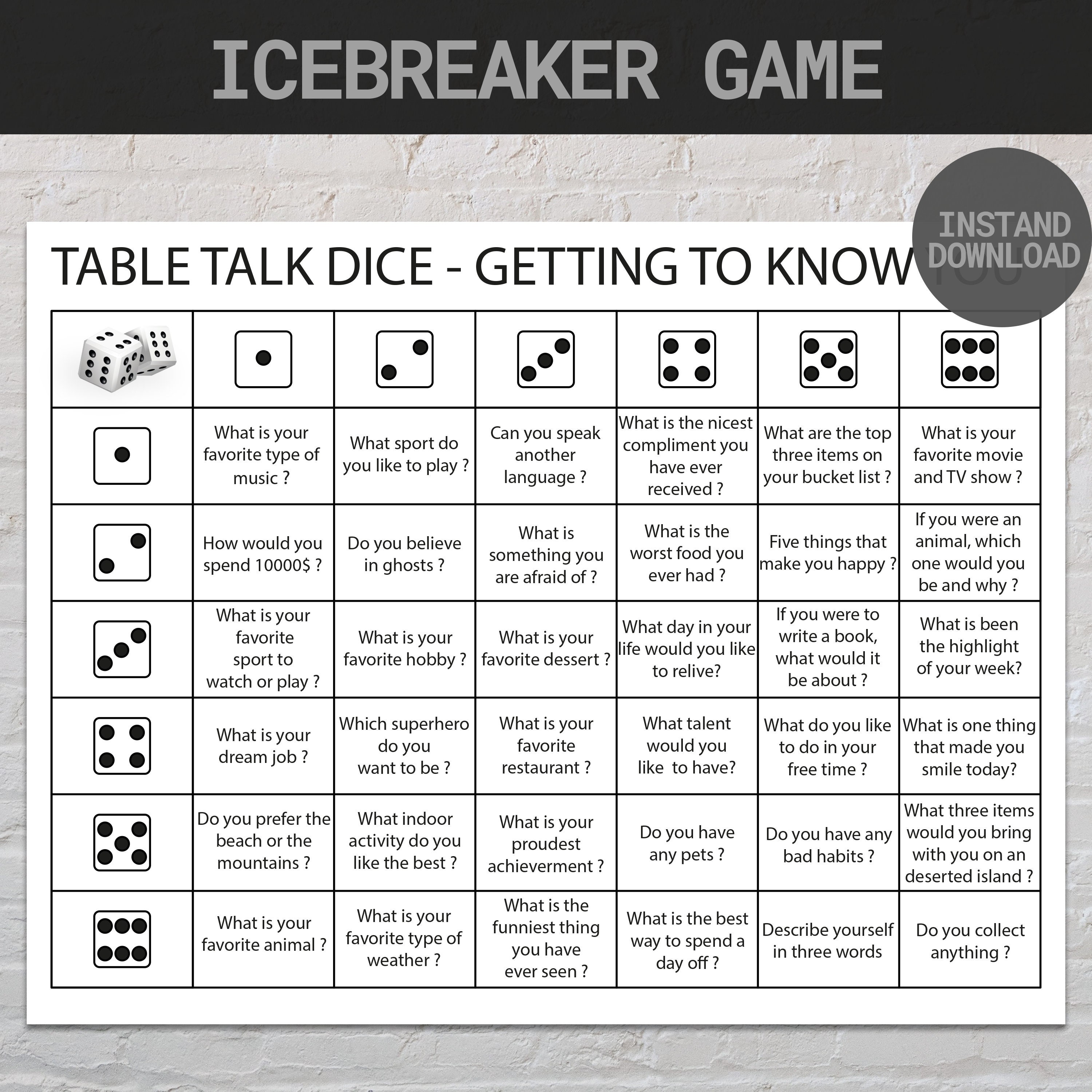 Dicebreaker Roll and Tell Game Table Talk Dice Conversation Starter ...