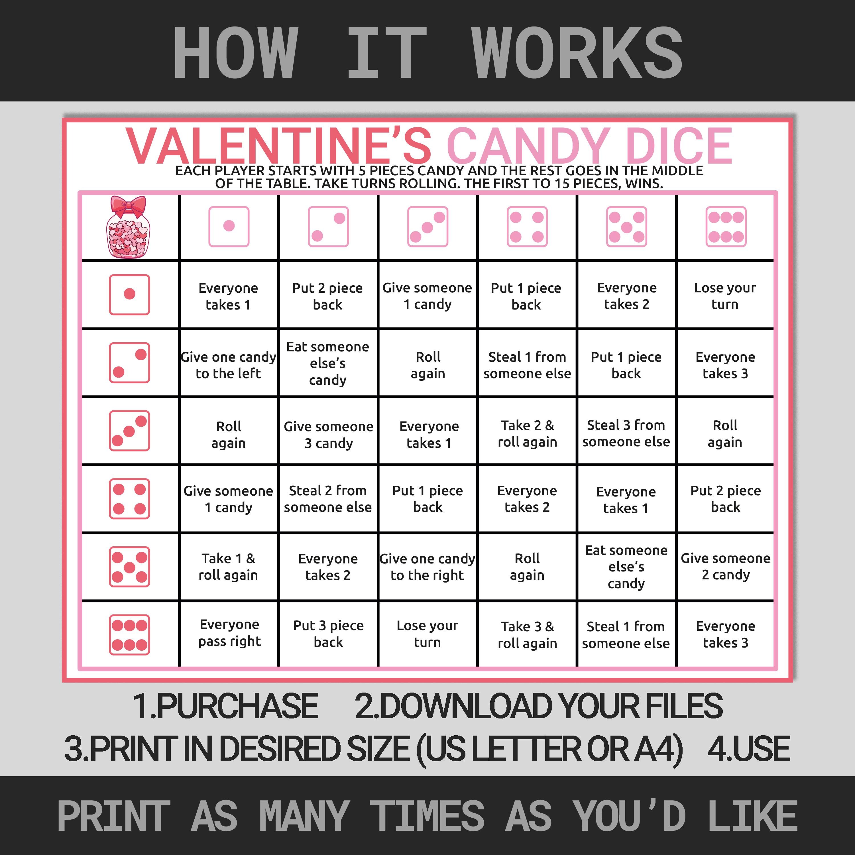 Printable Valentines Dice Game | Valentine's Day Candy Dice Game ...