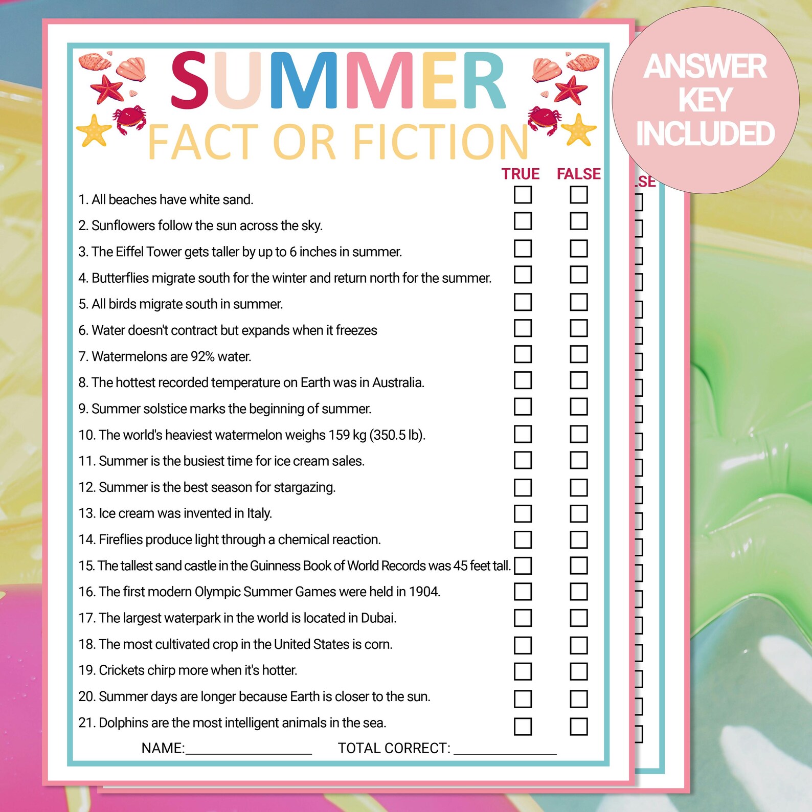 Summer Fact or Fiction Game | Summer Trivia Game | Summer True or False ...