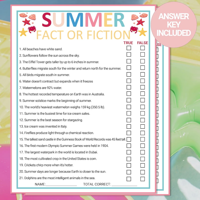 Summer Fact or Fiction Game | Summer Trivia Game | Summer True or False ...