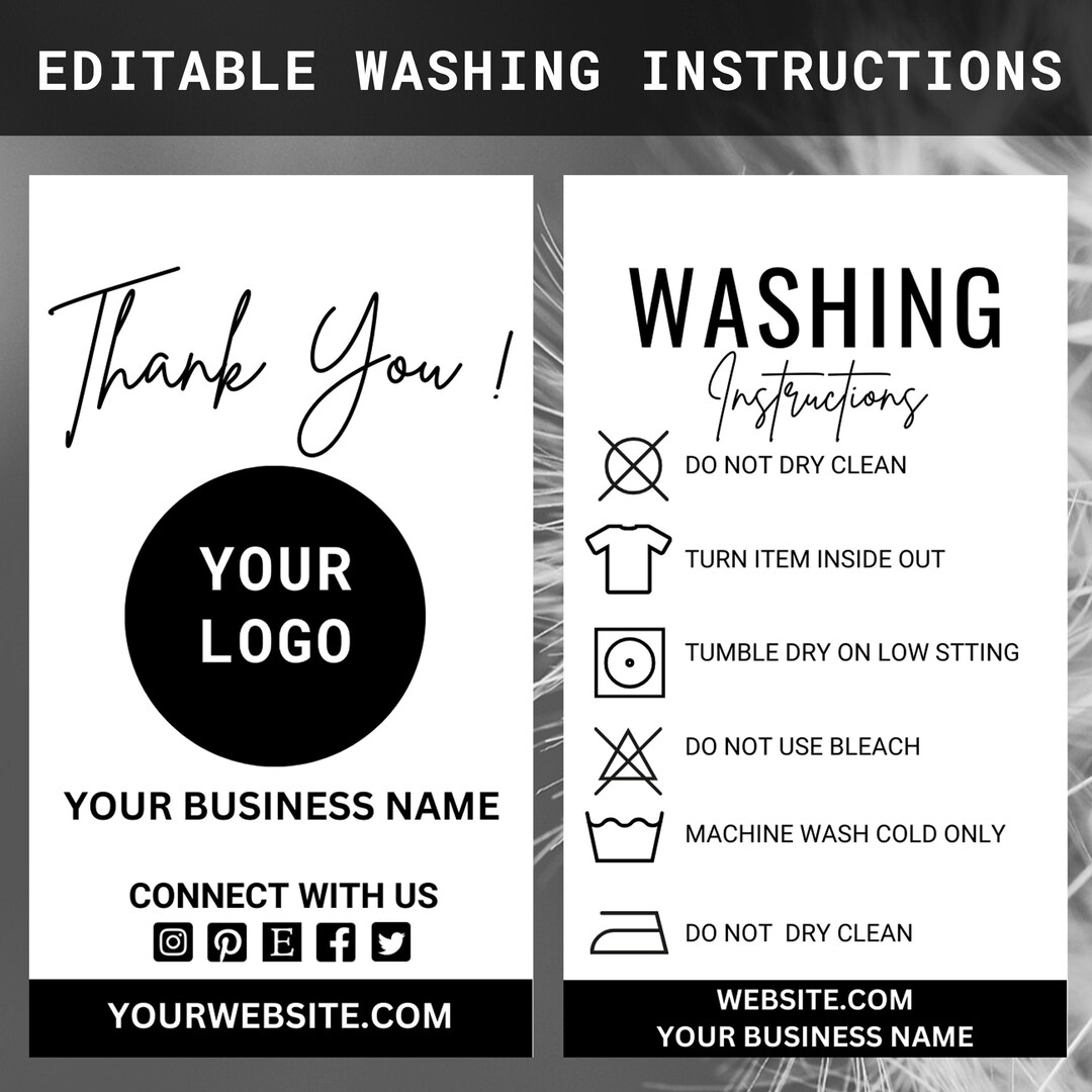 Editable Washing Instructions Card Template Printable Clothing Care ...