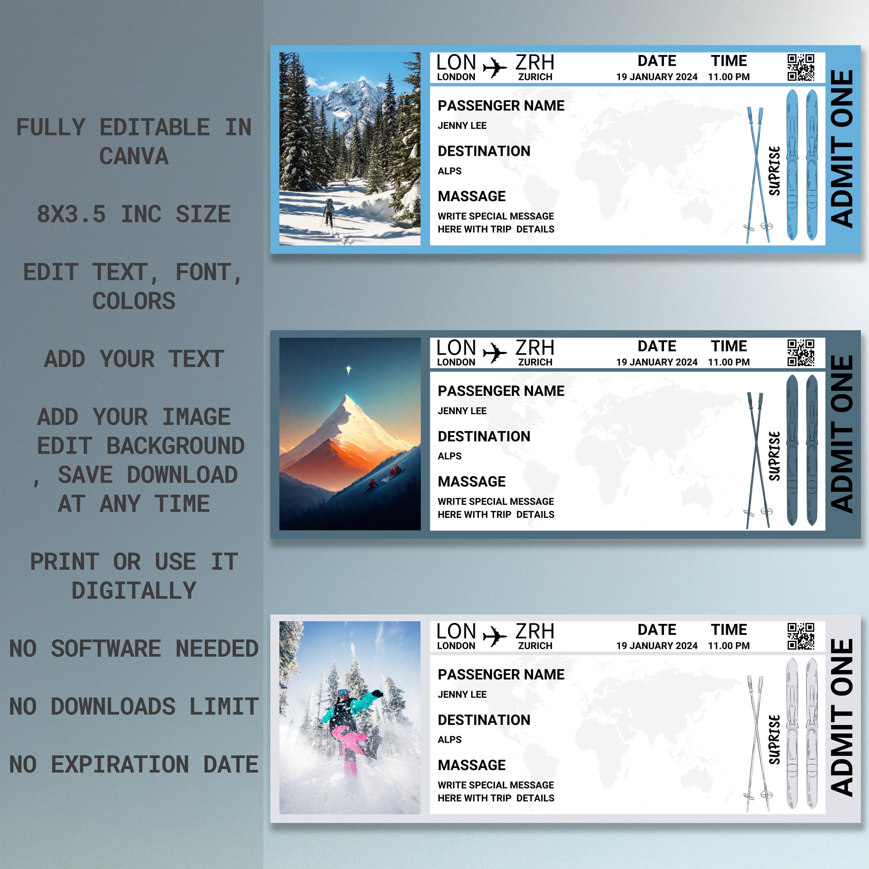 Editable Skiing Pass Ticket Template | Skiing Pass Ticket | Printable ...