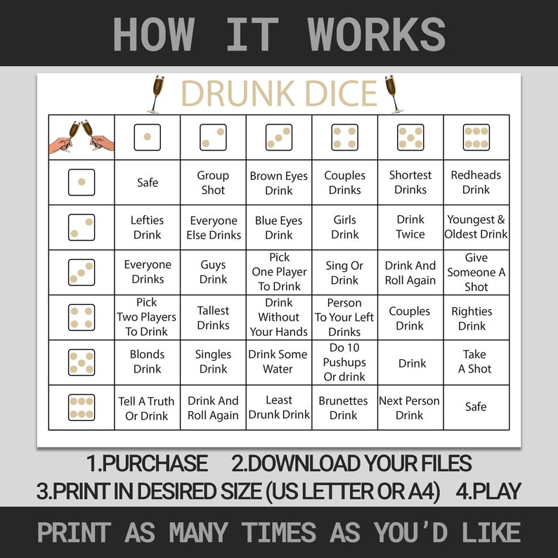 Printable Drunk Dice Game | Drinking Game for Adults | Drinking Dice ...