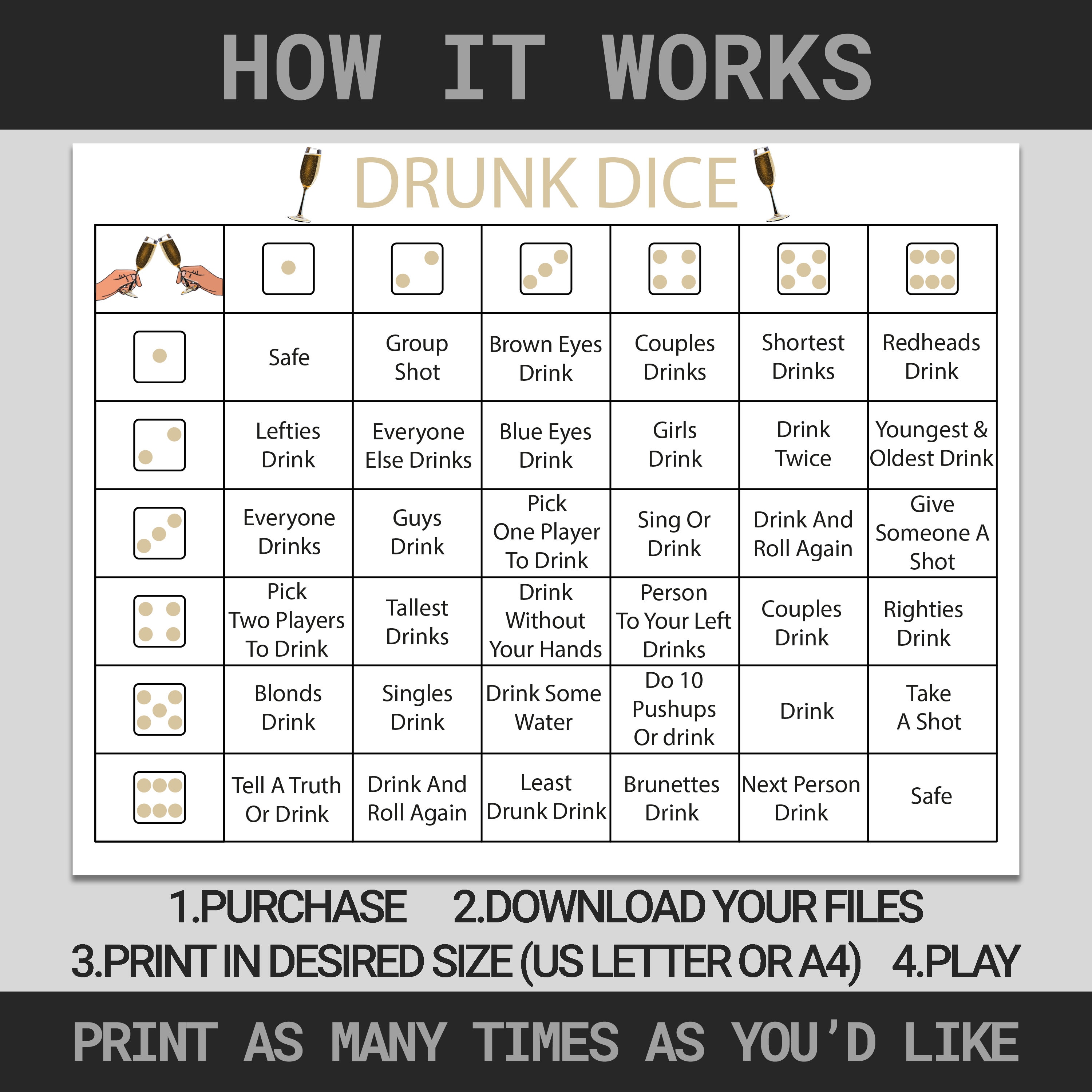 Printable Drunk Dice Game | Drinking Game for Adults | Drinking Dice ...
