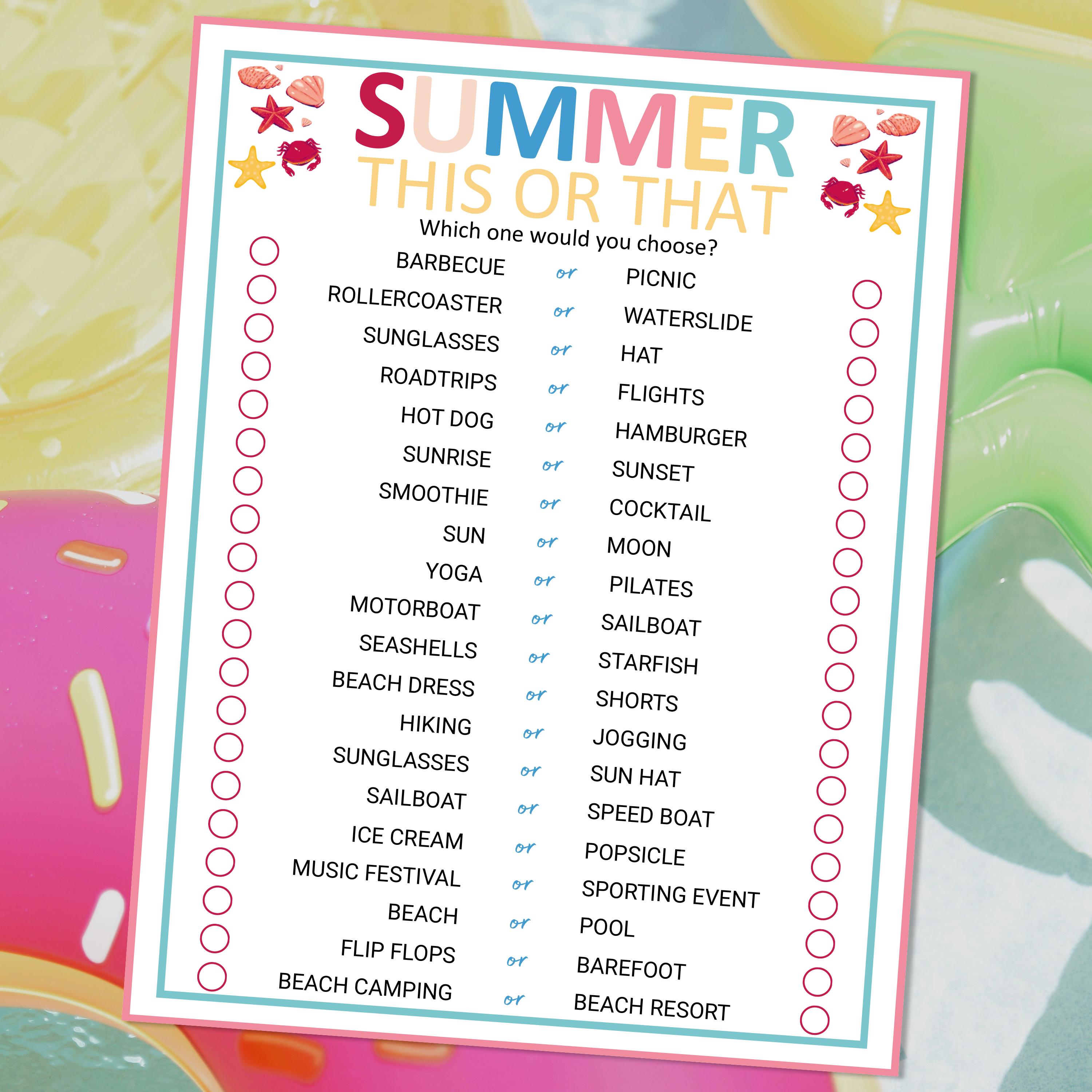 Summer This or That Game | Summer Games | Summer Activities | Printable ...