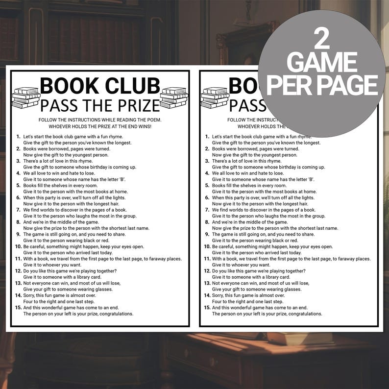 Book Club Pass the Prize Game | Book Club Pass the Gift Game ...