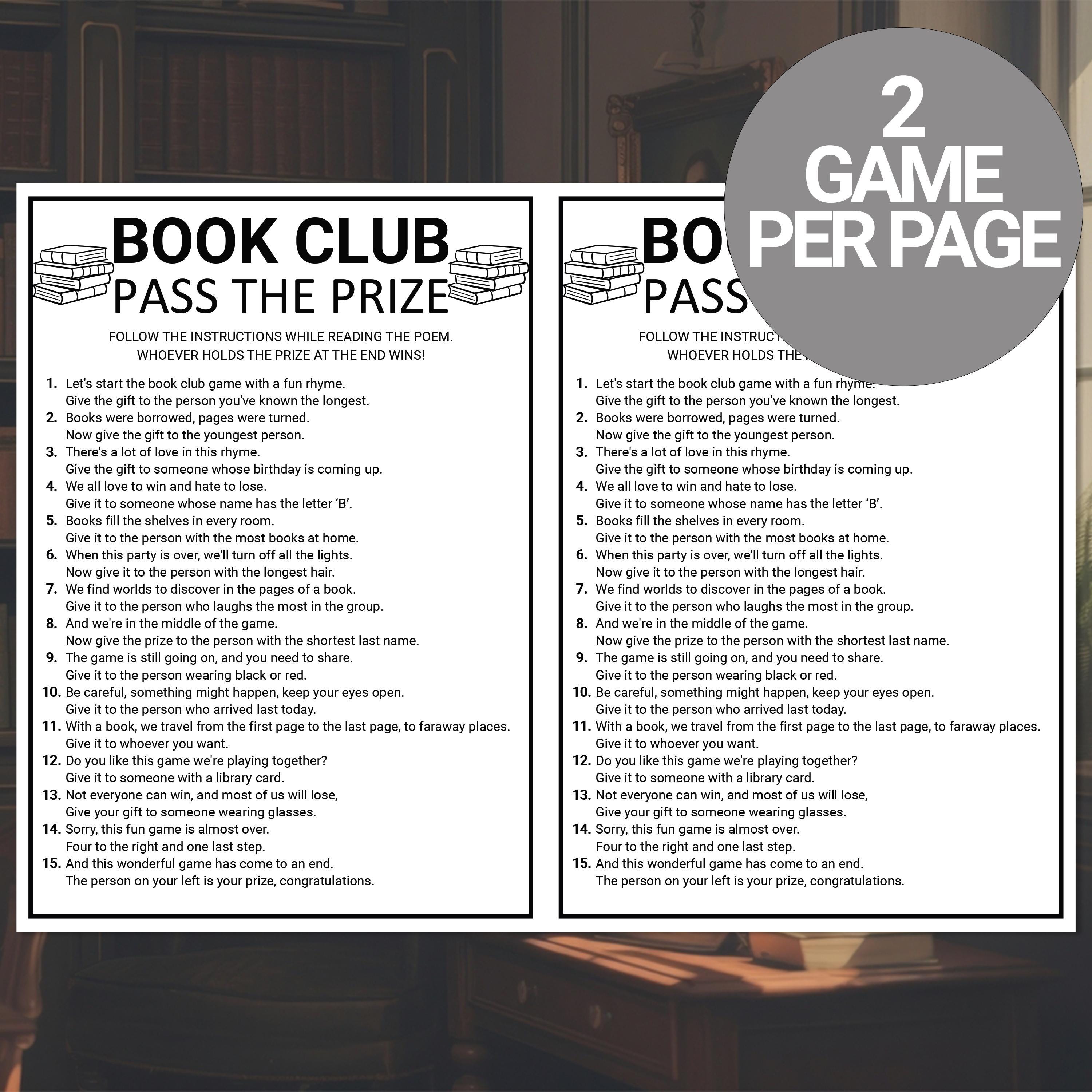 Book Club Pass the Prize Game | Book Club Pass the Gift Game ...