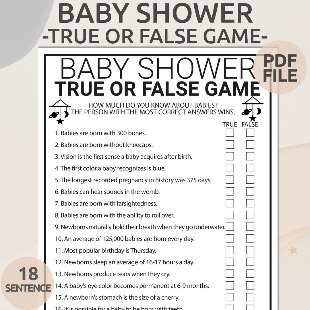 Minimalist Baby Shower True or False Game | Baby Shower Fact or Fiction ...