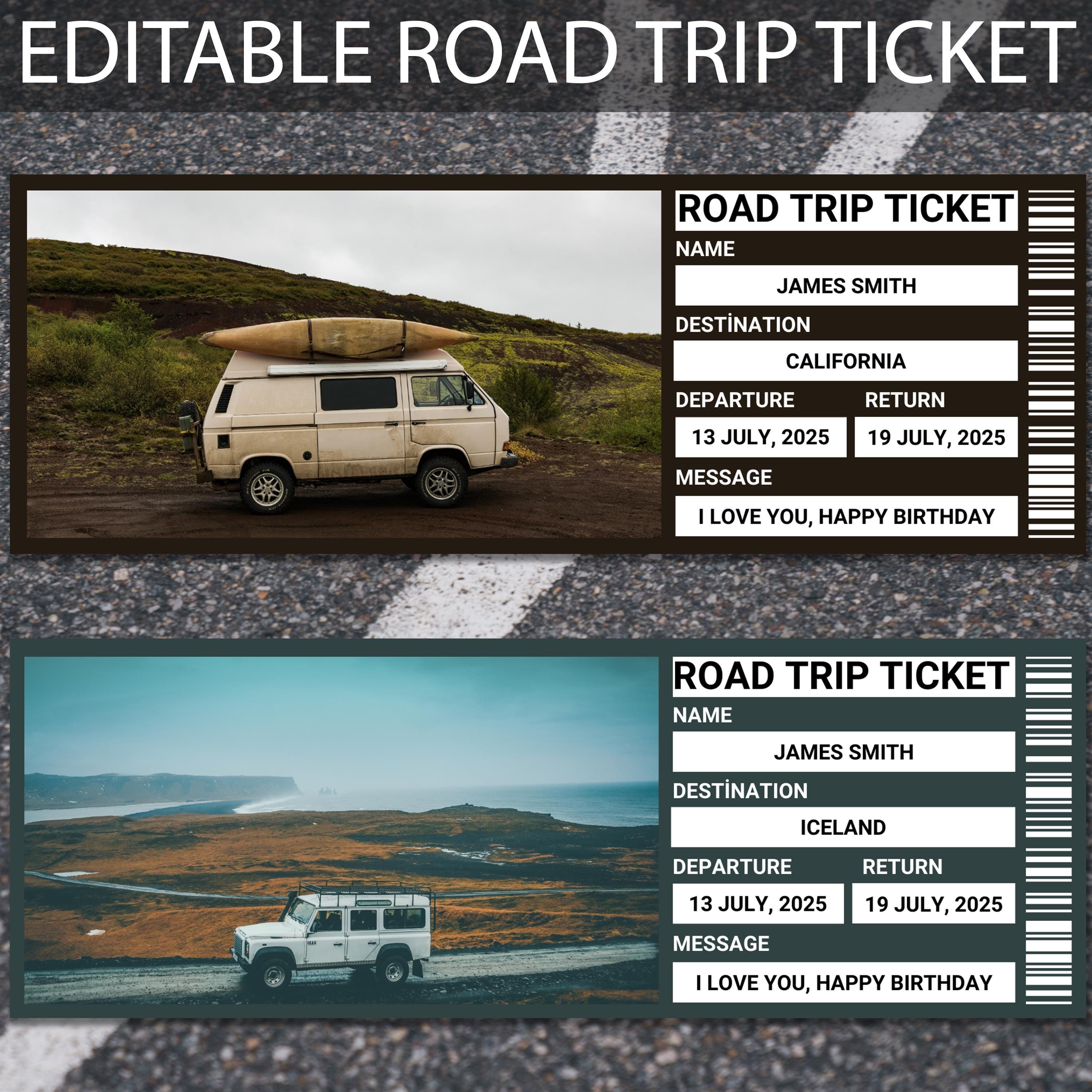 Editable Road Trip Ticket Printable Road Trip Ticket Road Trip ...