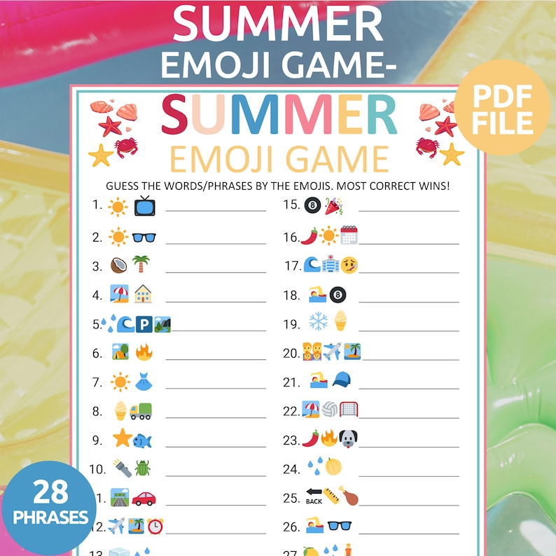 Summer Emoji Game | Summer Emoji Pictionary Game | Printable Summer ...