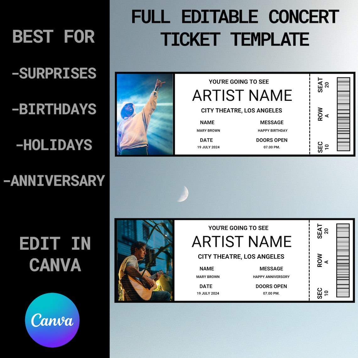 Editable Concert Ticket Template Custom Concert Ticket Personalized ...