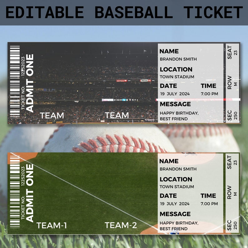 Baseball Game Ticket | Editable Baseball Ticket Gift | Birthday ...