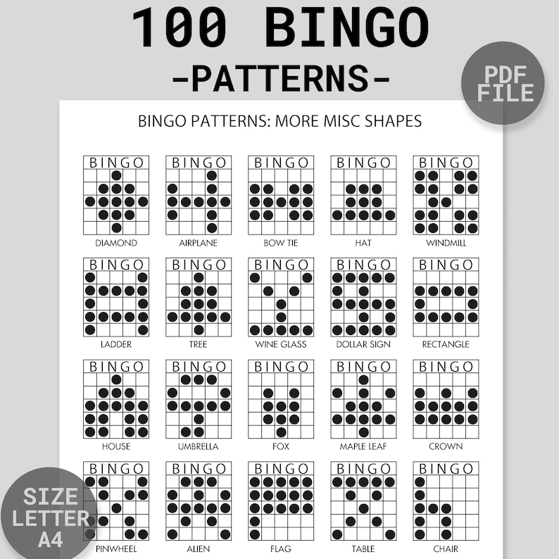100 Bingo Patterns Printable Fun Bingo Party Game Bingo Winning ...