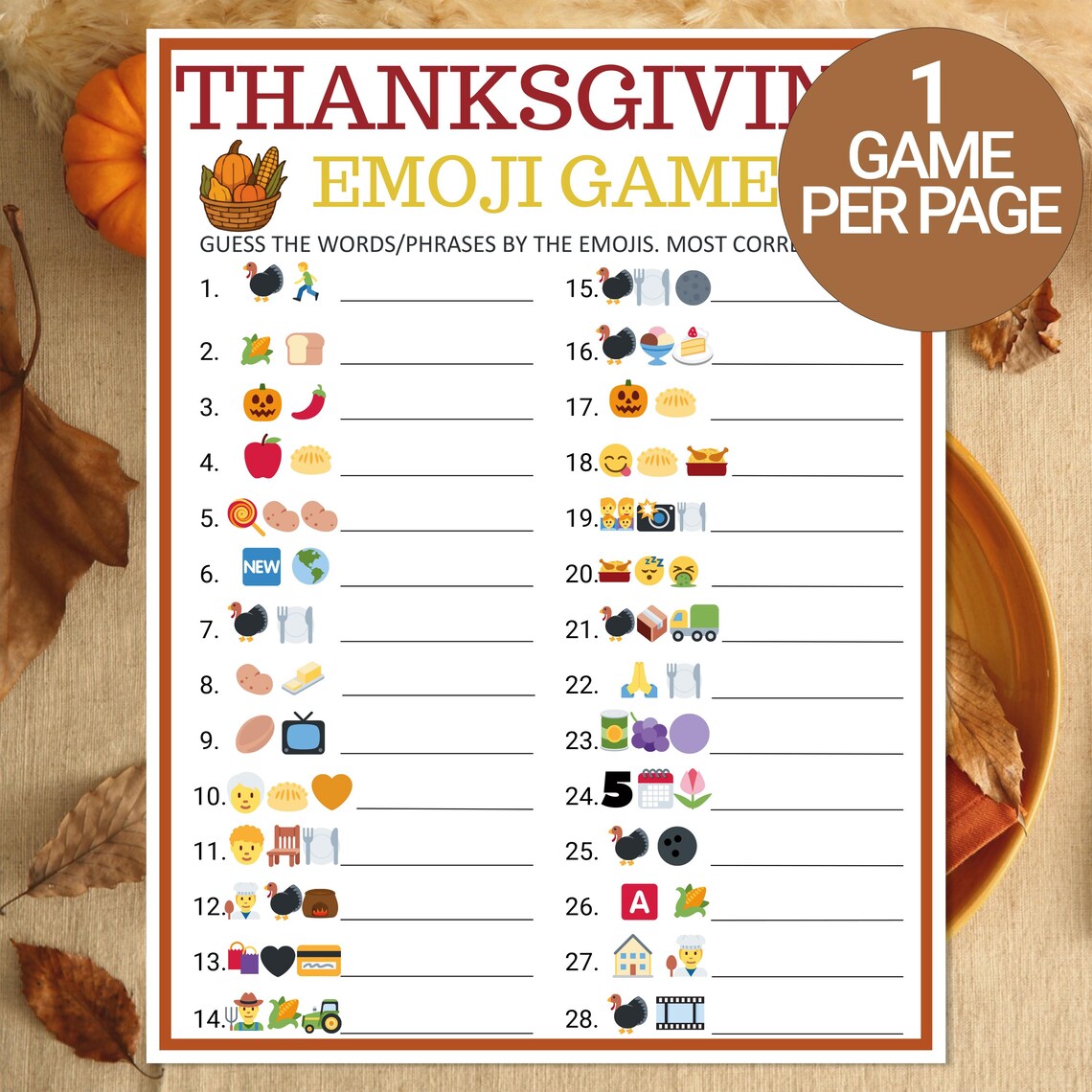 Thanksgiving Emoji Pictionary Game | Printable Thanksgiving Game ...